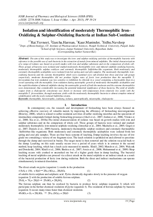 (PDF) Isolation and identification of moderately Thermophilic Iron-Oxidizing & Sulphur-Oxidizing ...