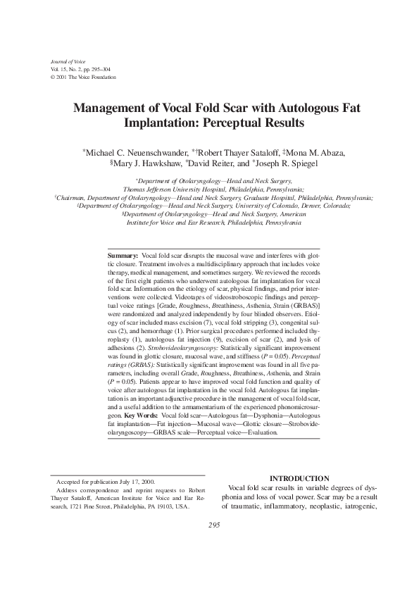 (PDF) Management of Vocal Fold Scar with Autologous Fat Implantation