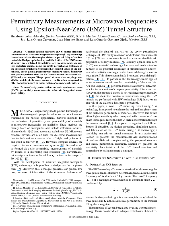 (PDF) Permittivity Measurements at Microwave Frequencies Using Epsilon ...