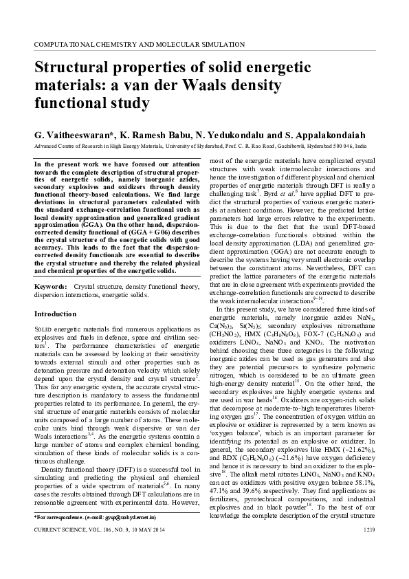 (PDF) Structural properties of solid energetic materials: a van der ...
