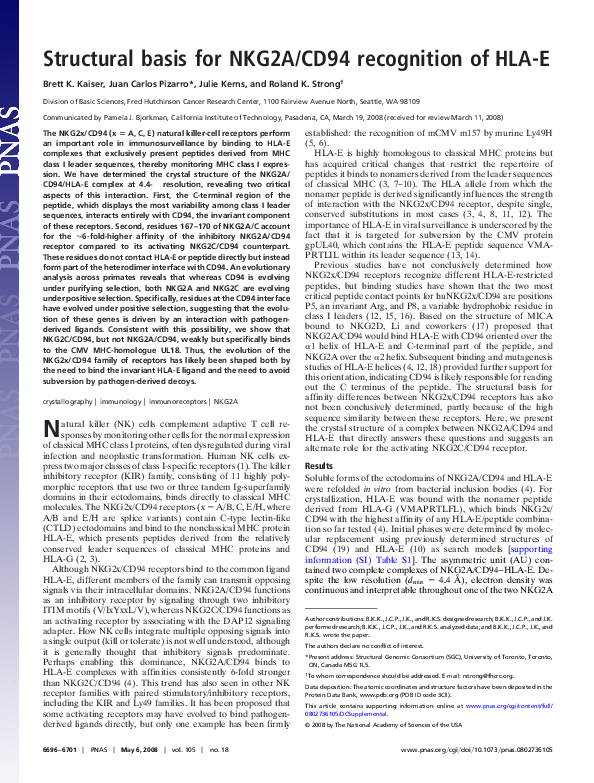 (PDF) Structural basis for NKG2A/CD94 recognition of HLA-E