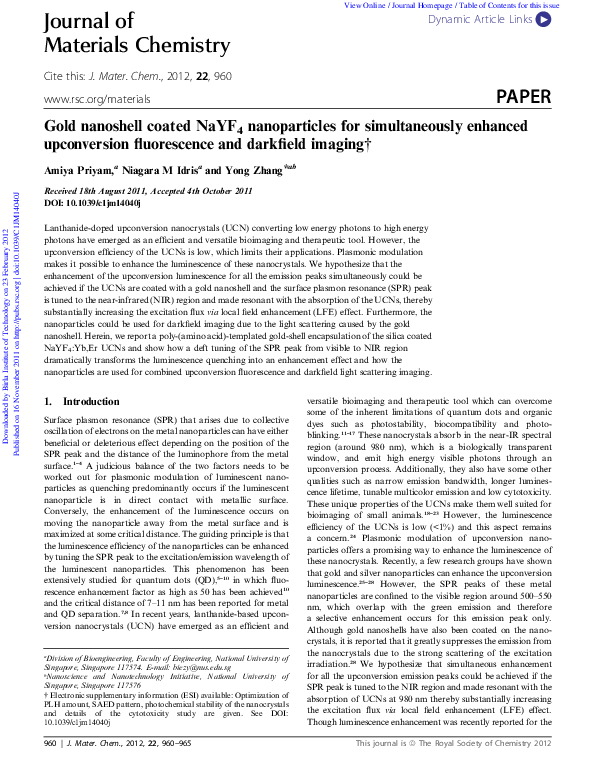 (PDF) Gold nanoshell coated NaYF(4) nanoparticles for simultaneously enhanced upconversion ...