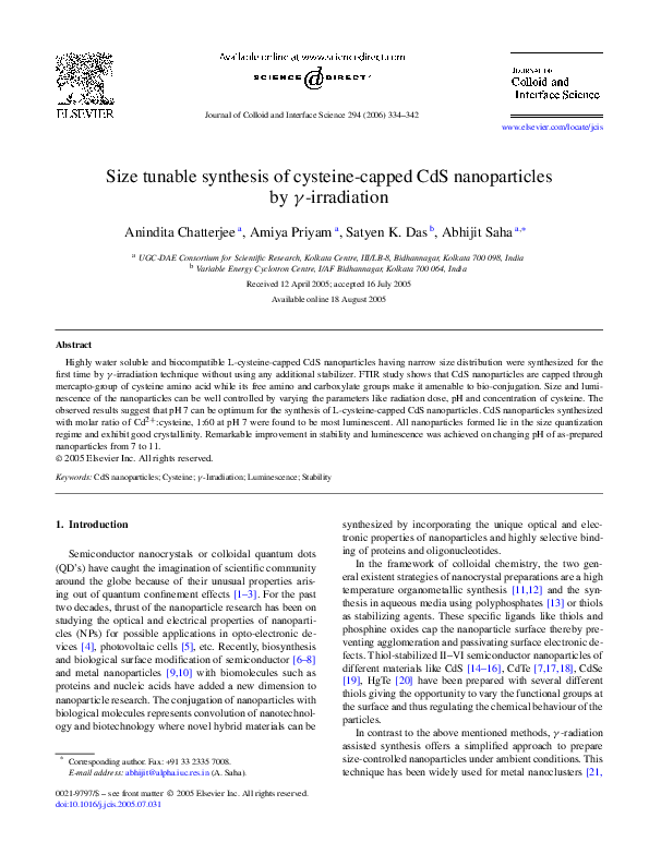 (PDF) Size tunable synthesis of cysteine-capped CdS nanoparticles by γ ...
