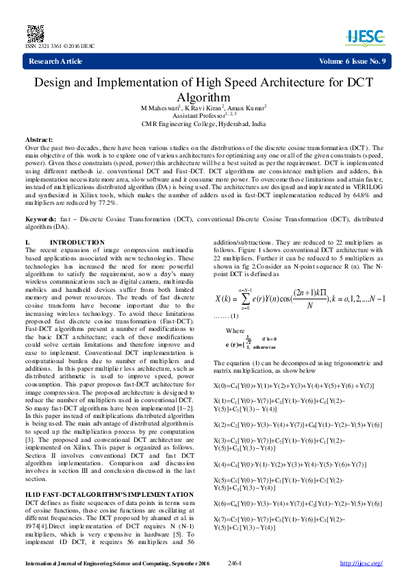 Pdf Design And Implementation Of High Speed Architecture For Dct Algorithm Ravi Kiran And