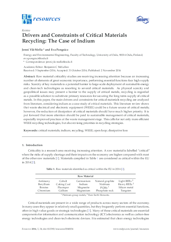 (PDF) Drivers and Constraints of Critical Materials Recycling: The Case ...