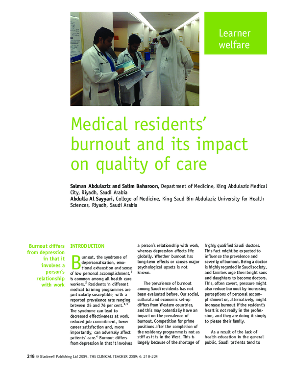 (PDF) Medical residents' burnout and its impact on quality of care