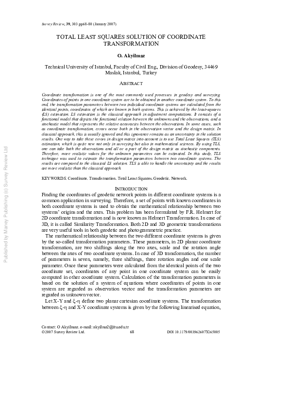 Pdf Total Least Squares In Geodetic Coordinate Transformation