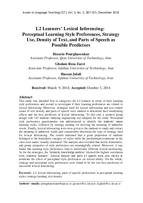 (PDF) L2 Learners' Lexical Inferencing: Perceptual Learning Style Preferences, Strategy Use ...