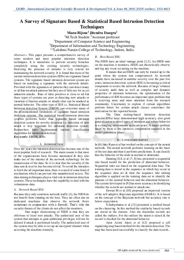 Pdf A Survey Of Signature Based And Statistical Based Intrusion Detection Techniques