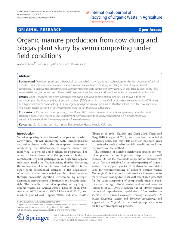 (PDF) Organic manure production from cow dung and biogas plant slurry ...