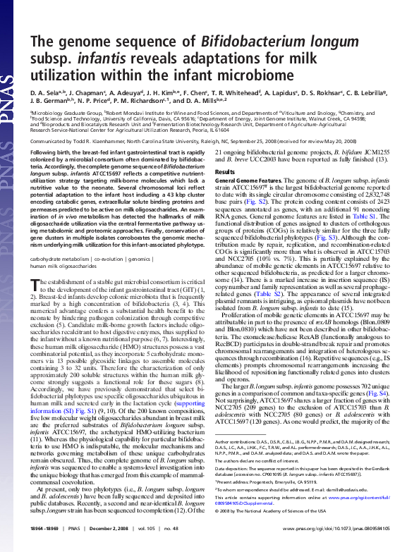 (PDF) The genome sequence of Bifidobacterium longum subsp. infantis reveals adaptations for milk ...