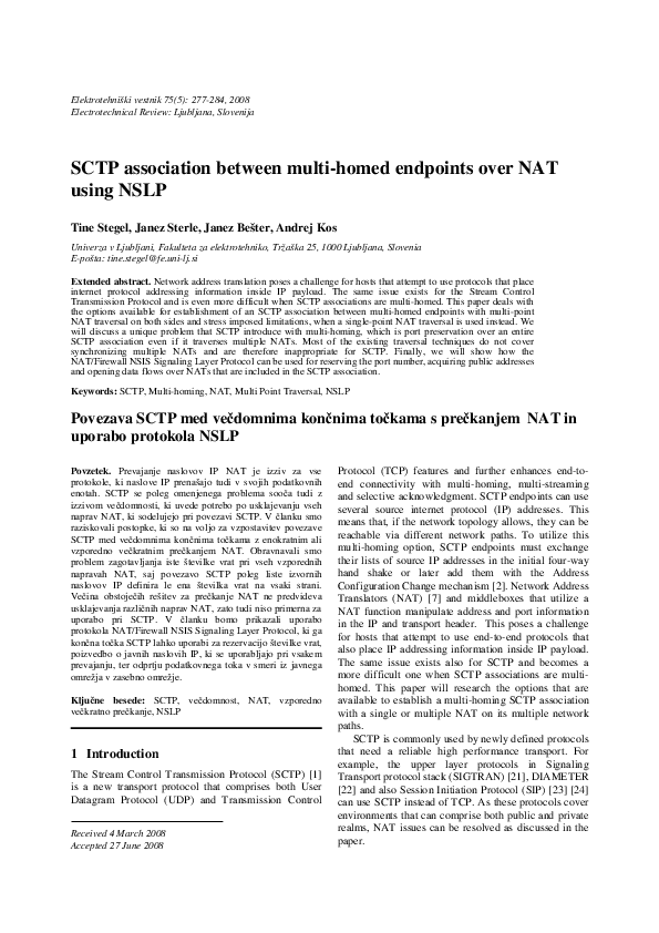 (PDF) SCTP association between multi-homed endpoints over NAT using NSLP