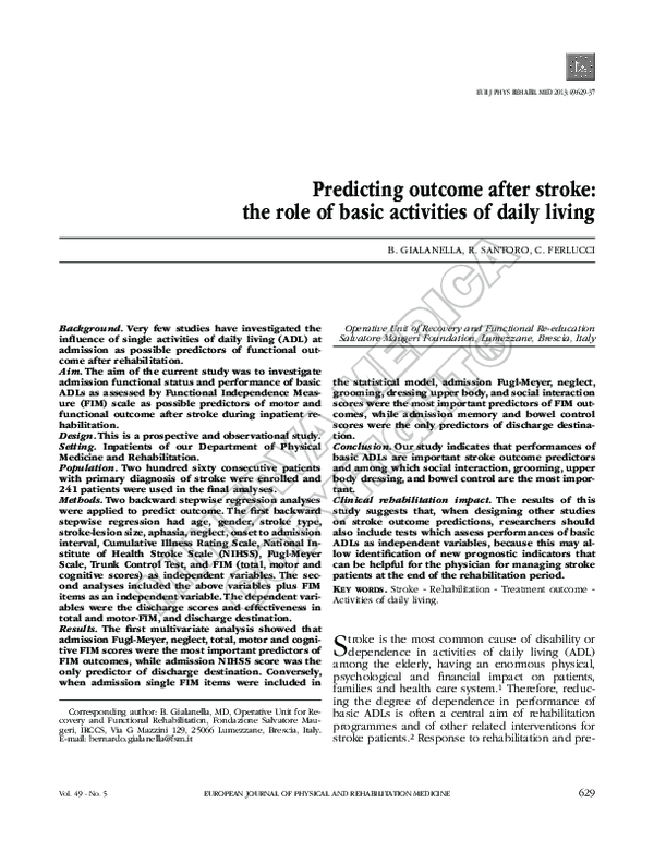(PDF) Predicting outcome after stroke: the role of basic activities of ...