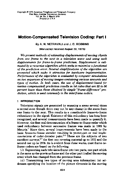 Pdf Motion Compensated Television Coding Part I
