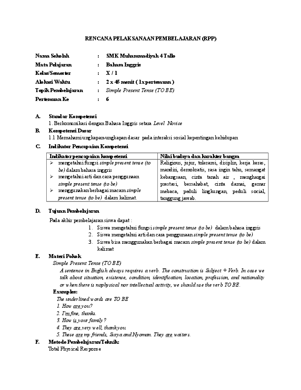 (DOC) RPP KTSP Kelas X SMK -Simple Present (TO BE)