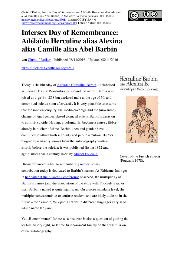 (PDF) Intersex Day of Remembrance: Adélaïde Herculine alias Alexina ...