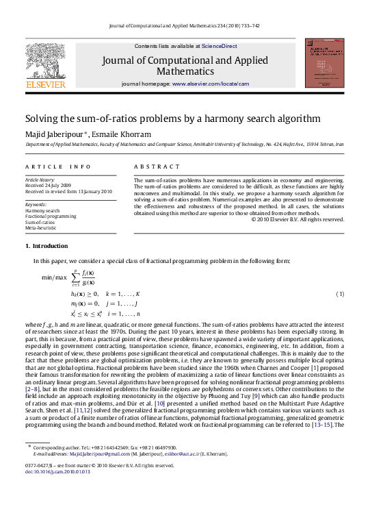 (PDF) Solving the sum-of-ratios problems by a harmony search algorithm