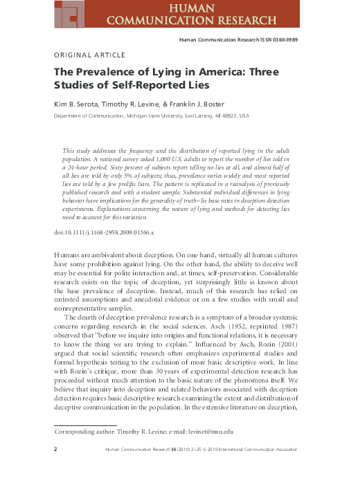 (PDF) The Prevalence of Lying in America: Three Studies of Self ...
