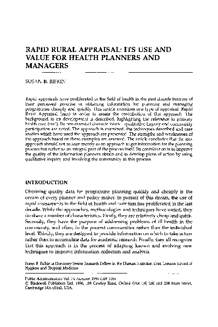 (PDF) RAPID RURAL APPRAISAL: ITS USE AND VALUE FOR HEALTH PLANNERS AND ...