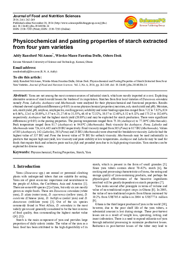 (PDF) Addy et al 2014 Physicochemical & pasting properties of starch from yam.pdf