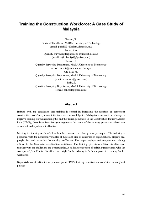 (PDF) Training the Construction Workforce: A Case Study of Malaysia