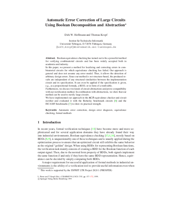 (PDF) Automatic Error Correction of Large Circuits Using Boolean Decomposition and Abstraction