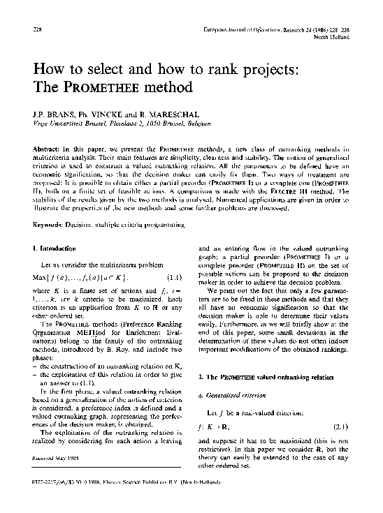 (PDF) How to select and how to rank projects: The Promethee method