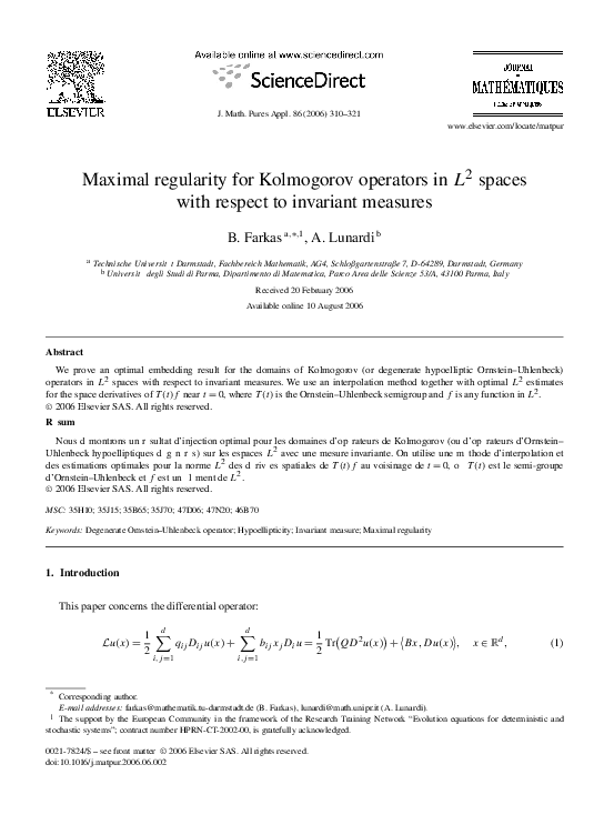 (PDF) Maximal regularity for Kolmogorov operators in L 2 spaces with respect to invariant measures