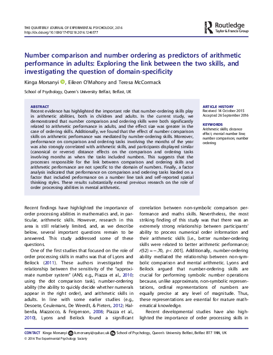 (PDF) Number comparison and number ordering as predictors of arithmetic performance in adults ...