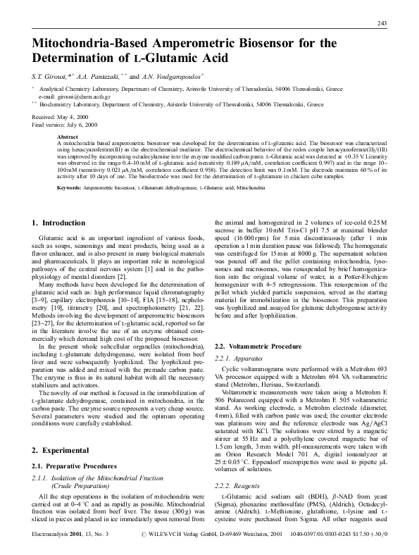 Pdf Mitochondria Based Amperometric Biosensor For The Determination Ofl Glutamic Acid