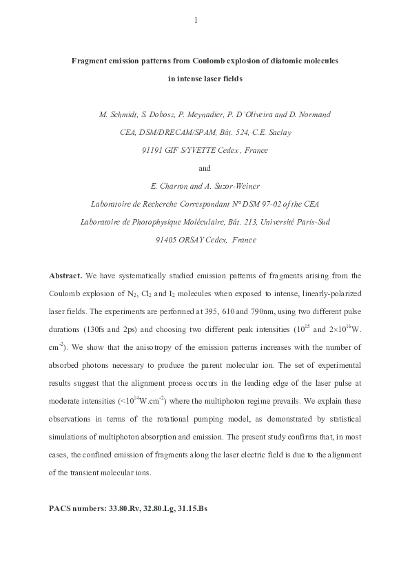 (PDF) Fragment-emission patterns from the Coulomb explosion of diatomic molecules in intense ...