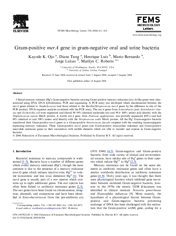 (PDF) Gram-positive merA gene in gram-negative oral and urine bacteria