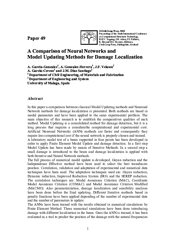(PDF) A Comparison of Neural Networks and Model Updating Methods for ...