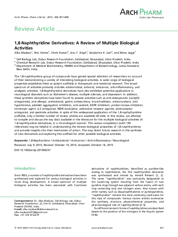 (PDF) 8-Naphthyridine Derivatives: A Review of Multiple Biological ...