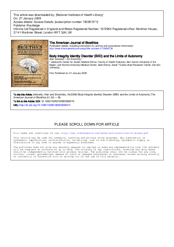 (PDF) Body Integrity Identity Disorder (BIID) and the Limits of Autonomy