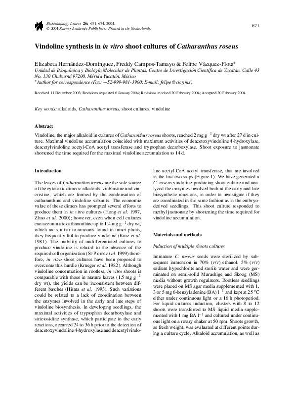 (PDF) Vindoline synthesis in in vitro shoot cultures of Catharanthus roseus