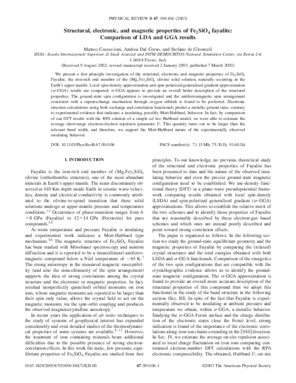 (PDF) Structural, electronic, and magnetic properties of Fe2SiO4 ...