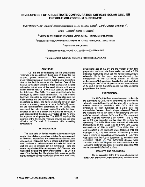 (PDF) Development of a substrate configuration CdTe/CdS solar cell on flexible molybdenum substrate