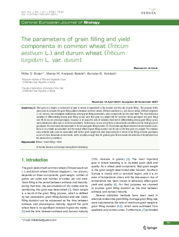 Pdf The Parameters Of Grain Filling And Yield Components In Common