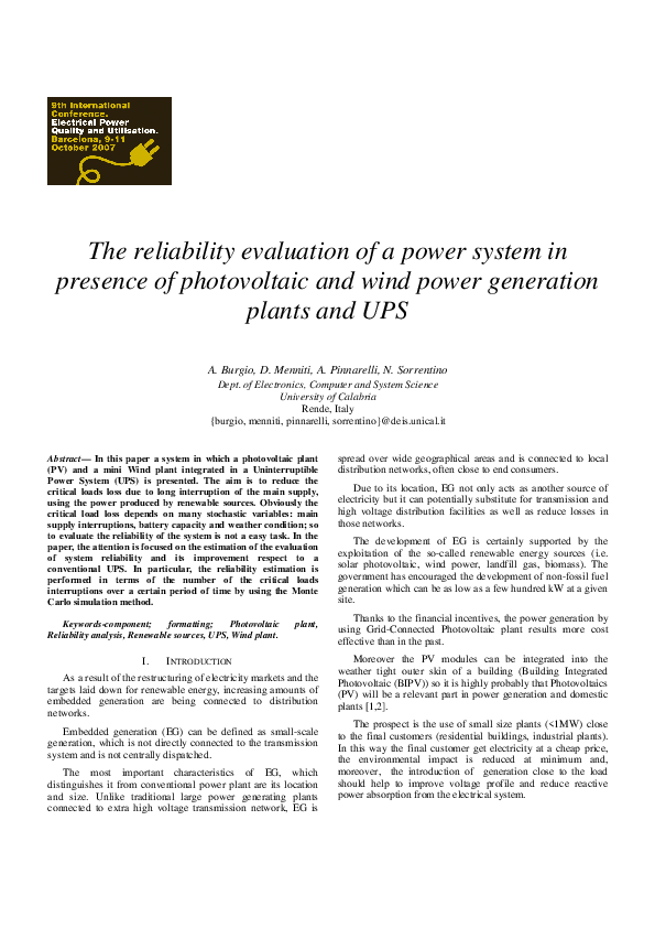 Pdf The Reliability Evaluation Of A Power System In Presence Of Photovoltaic And Wind Power