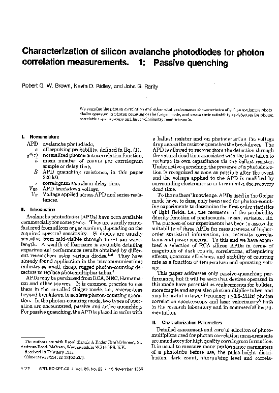 Pdf Characterization Of Silicon Avalanche Photodiodes For Photon Correlation Measurements 1