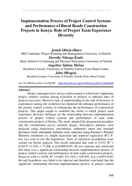 (PDF) Implementation Process of Project Control Systems and Performance ...
