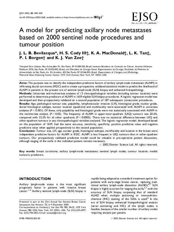 (PDF) A model for predicting axillary node metastases based on 2000 ...