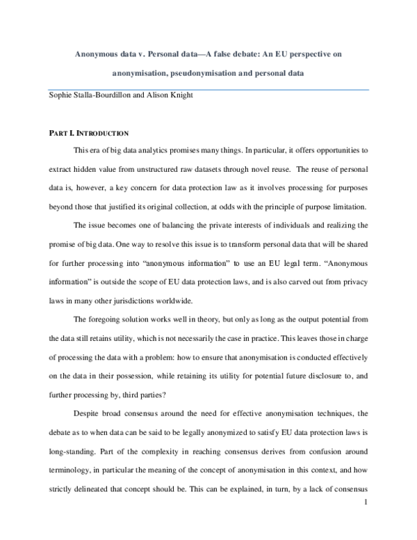 Pdf Short Version Anonymous Data V Personal Data — A False Debate An Eu Perspective On