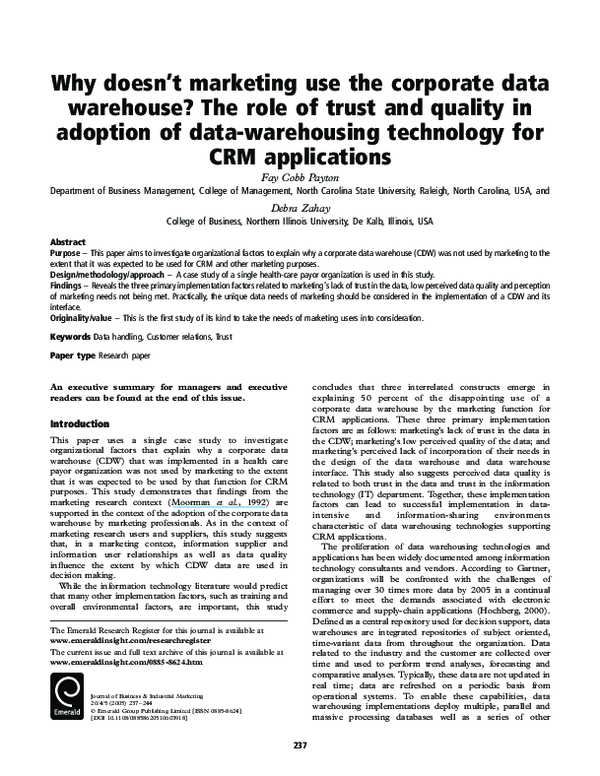 (PDF) Implementing the Corporate Data Warehouse to Support CRM Applications