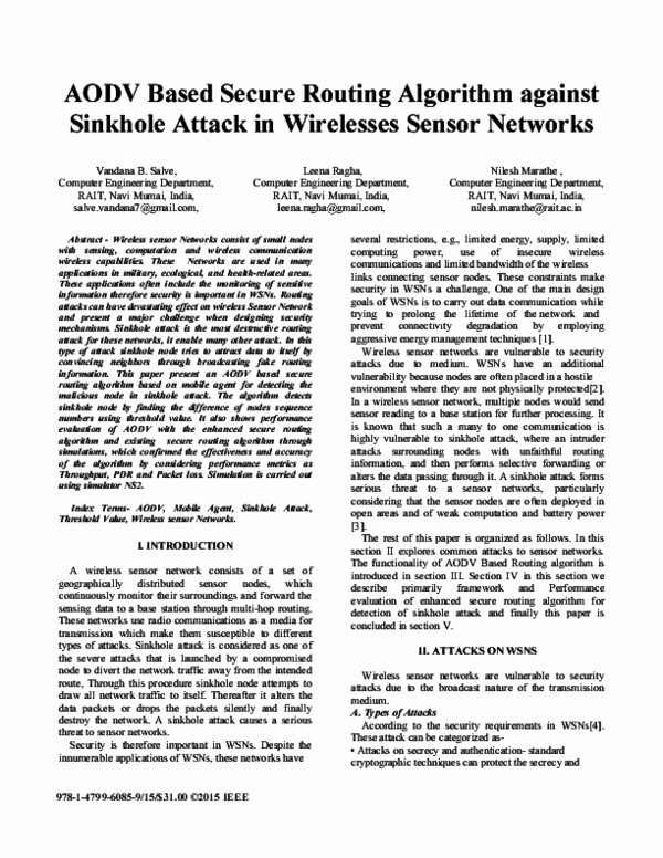 (PDF) AODV Based Secure Routing Algorithm against Sinkhole Attack in Wirelesses Sensor Networks