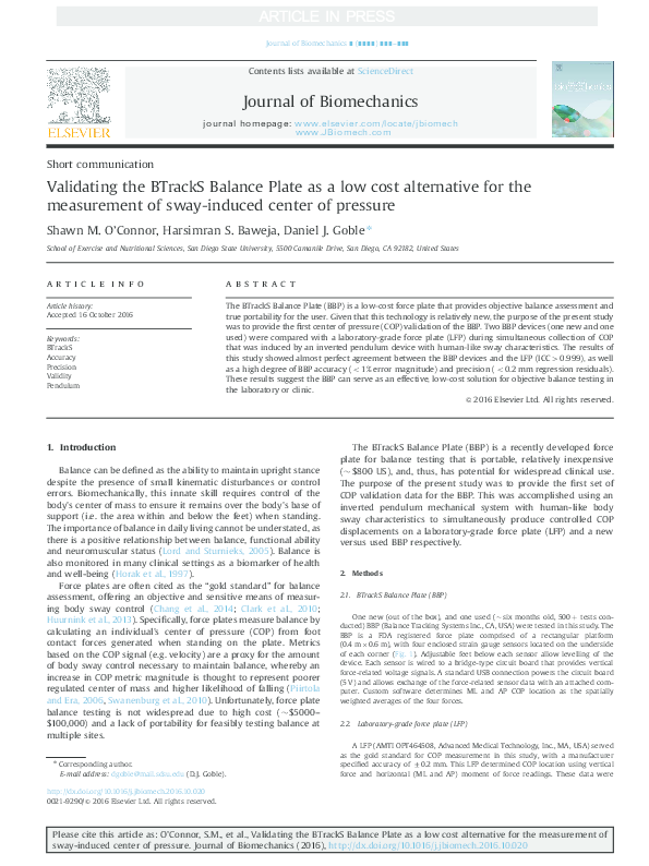 (PDF) Validating the BTrackS Balance Plate as a low cost alternative ...