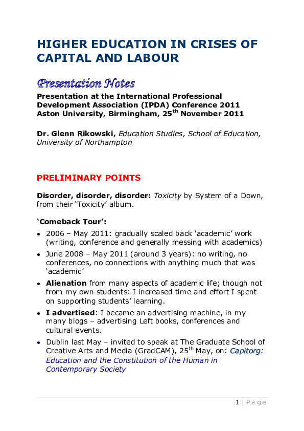 (PDF) Higher Education in Crises of Capital and Labour (Presentation Notes)