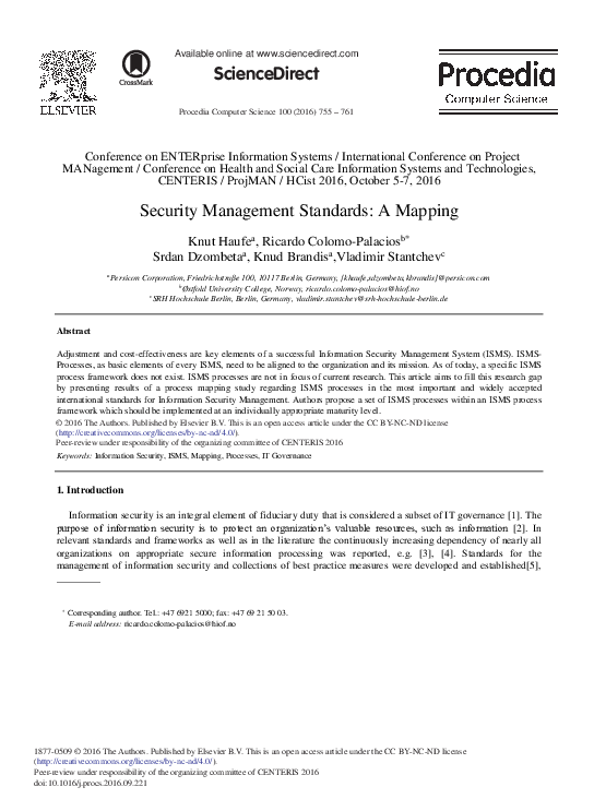 (PDF) Security Management Standards: A Mapping