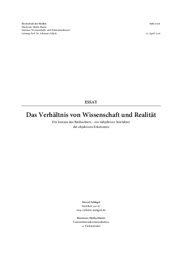 (PDF) Das Verhältnis von Wissenschaft und Realität: Die Instanz des ...